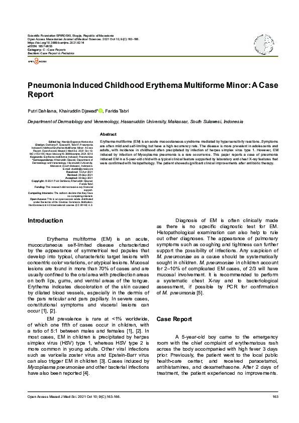 (PDF) Pneumonia Induced Childhood Erythema Multiforme Minor: A Case Report