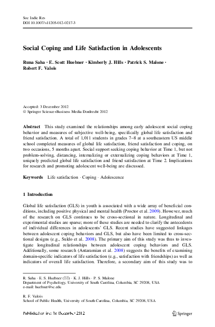 (PDF) Social Coping and Life Satisfaction in Adolescents
