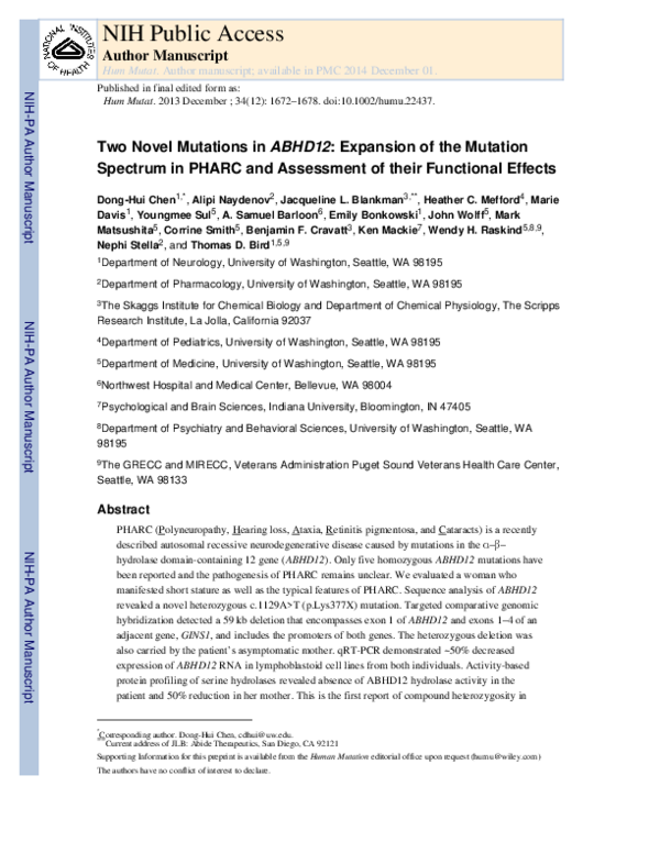 (PDF) Two Novel Mutations inABHD12: Expansion of the Mutation Spectrum in PHARC and Assessment ...
