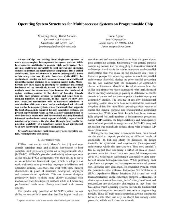 (PDF) Operating System Structures for Multiprocessor Systems on Programmable Chip | David ...