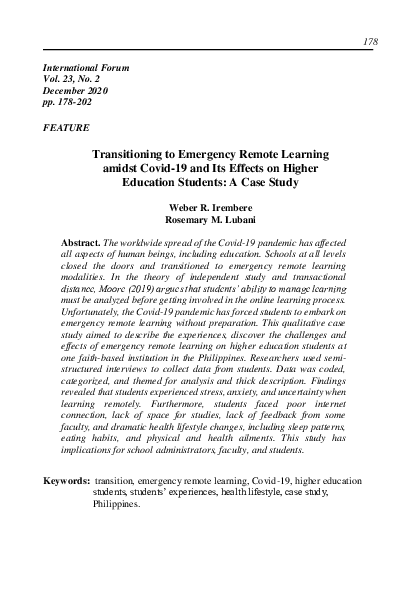 (PDF) Transitioning to Emergency Remote Learning amidst Covid-19 and ...