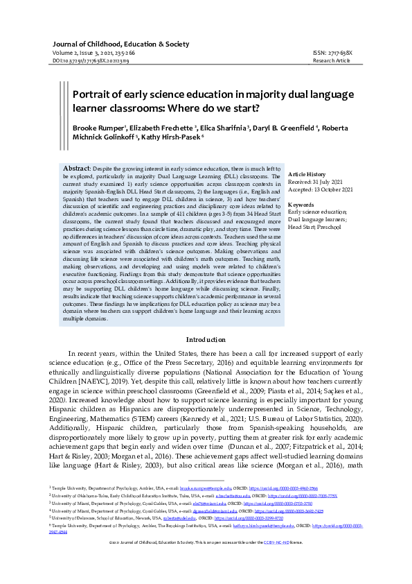 (PDF) Portrait of early science education in majority dual language learner classrooms: Where do ...