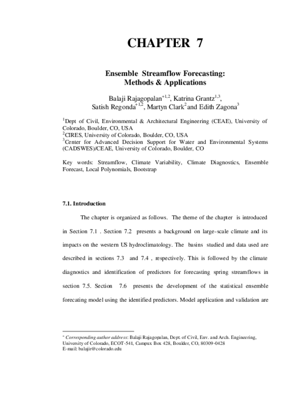 Pdf Chapter 7 Ensemble Streamflow Forecasting Methods And Applications Edith Zagona