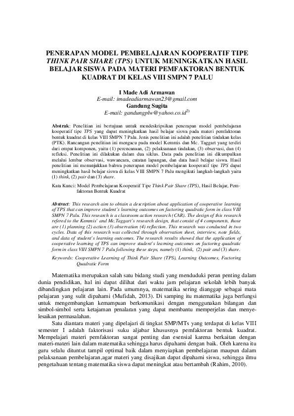 (PDF) Penerapan Model Pembelajaran Kooperatif Tipe Think Pair Share (TPS) Untuk Meningkatkan ...