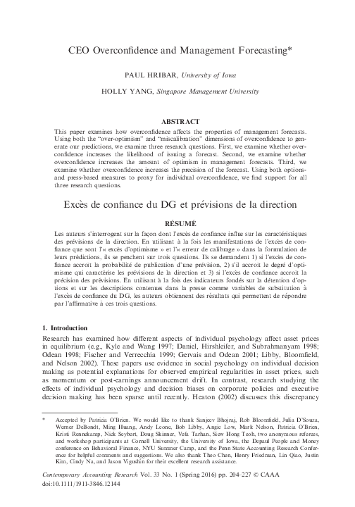 (PDF) CEO Overconfidence and Management Forecasting