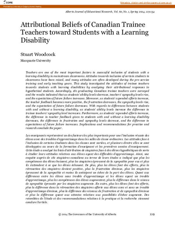 (PDF) Attributional Beliefs of Canadian Trainee Teachers toward Students with a Learning ...