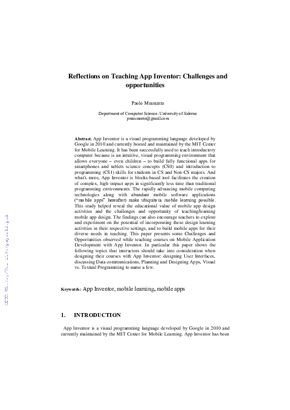 (PDF) Reflections on Teaching App Inventor: Challenges and Opportunities