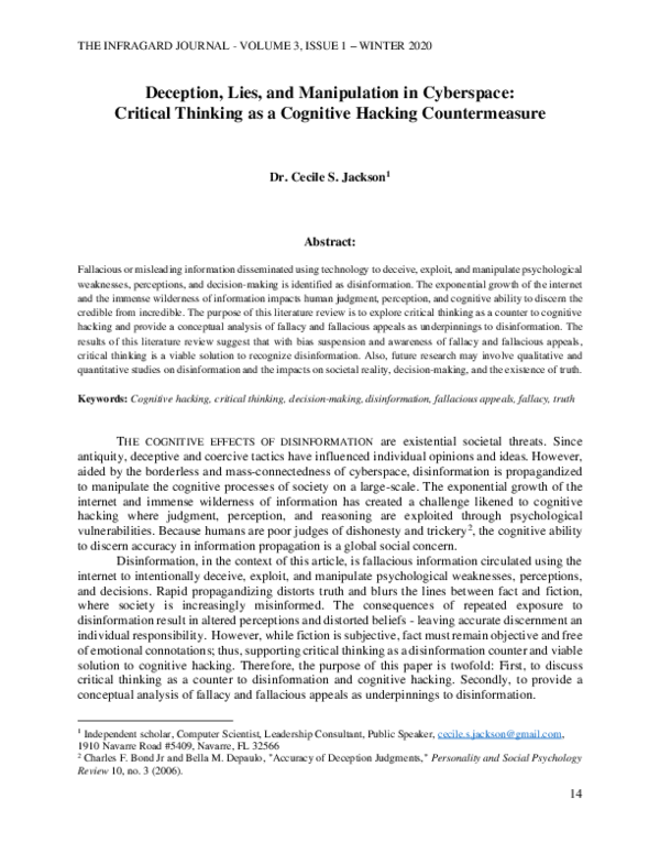 (PDF) Deception, Lies, and Manipulation in Cyberspace: Critical Thinking as a Cognitive Hacking ...