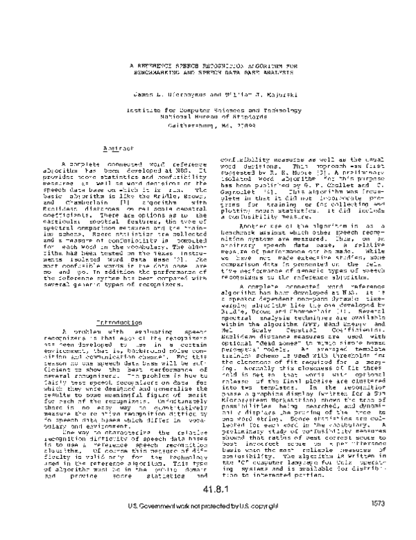 (PDF) A reference speech recognition algorithm for benchmarking and speech data base analysis