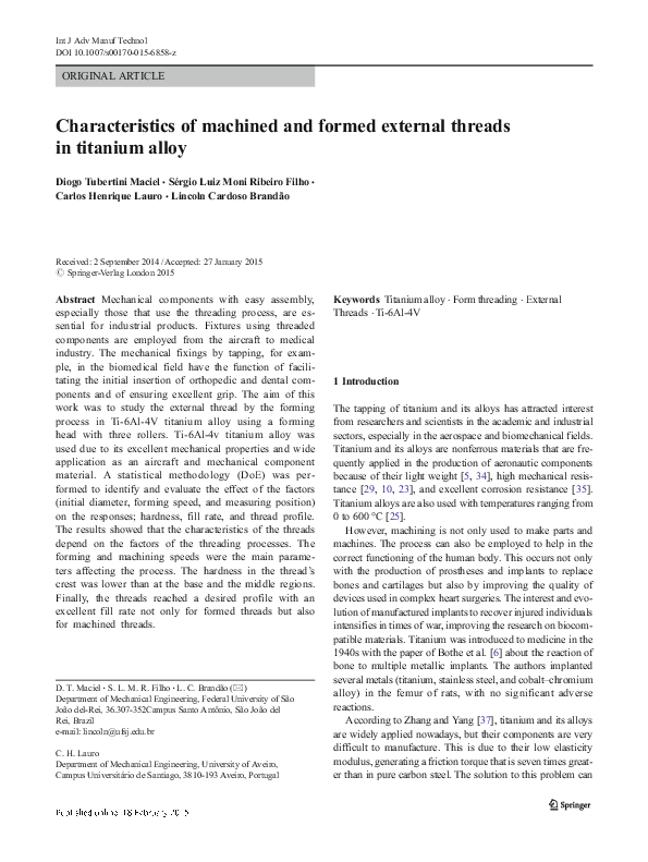 (PDF) Characteristics of machined and formed external threads in titanium alloy