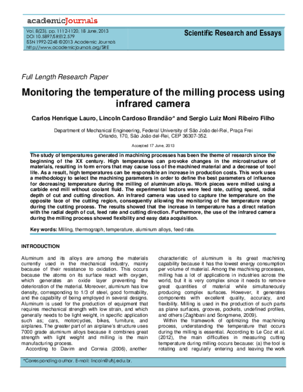 (PDF) Monitoring the temperature of the milling process using infrared ...