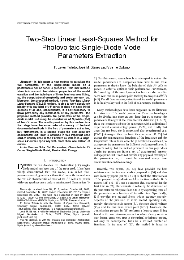 Pdf Two Step Linear Least Squares Method For Photovoltaic Single Diode Model Parameters Extraction