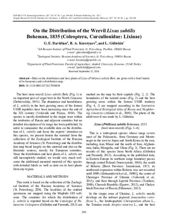 (PDF) On the distribution of the weevil Lixus subtilis Boheman, 1835 ...