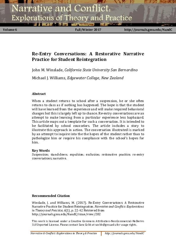 (PDF) Re-Entry Conversations: A Restorative Narrative Practice for ...