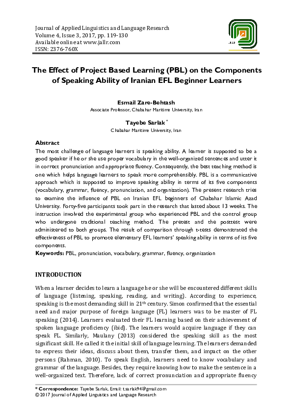 (PDF) The Effect of Project Based Learning (PBL) on the Components of ...