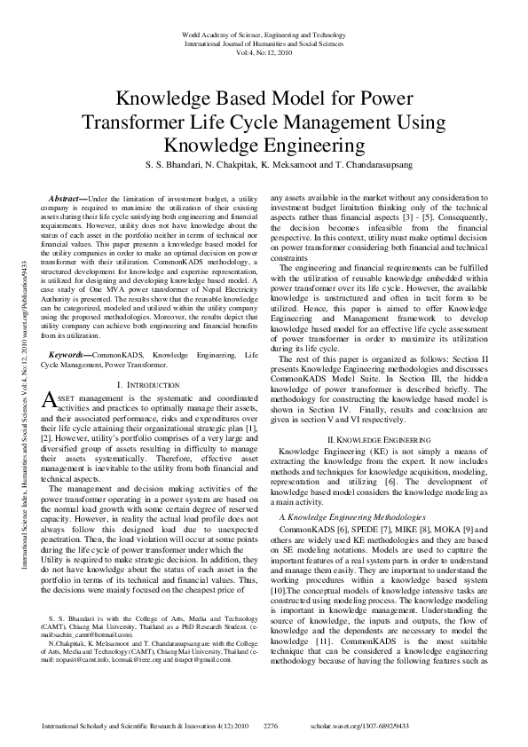 Pdf Knowledge Based Model For Power Transformer Life Cycle Management Using Knowledge Engineering