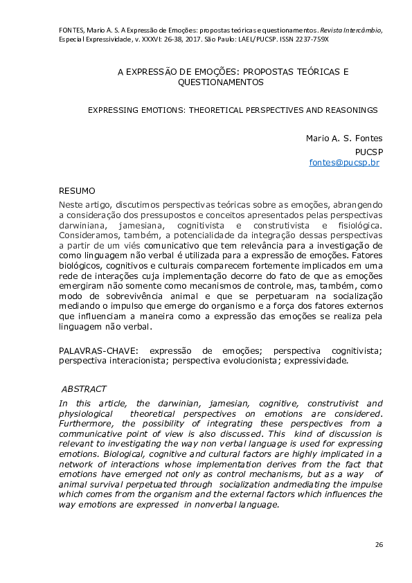 (PDF) A Expressão De Emoções: Propostas Teóricas e Questionamentos