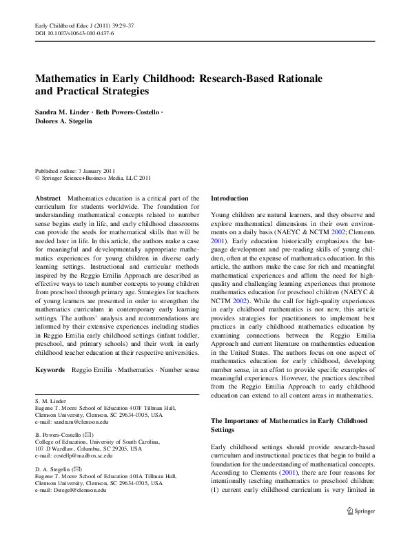 (PDF) Mathematics in Early Childhood: Research-Based Rationale and ...