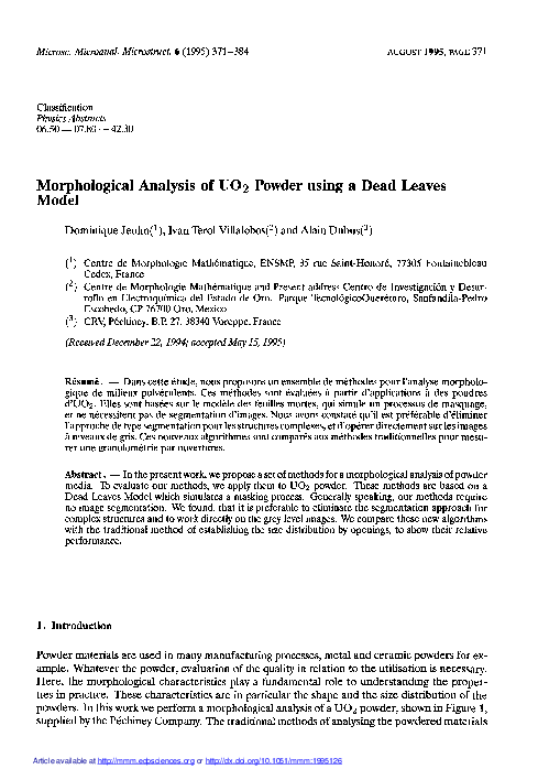 (PDF) Morphological Analysis of UO 2 Powder using a Dead Leaves Model