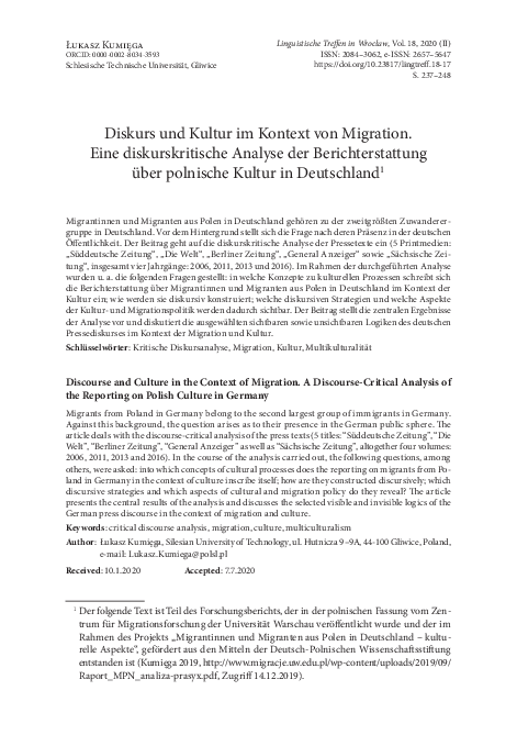 (PDF) Diskurs und Kultur im Kontext von Migration. Eine ...