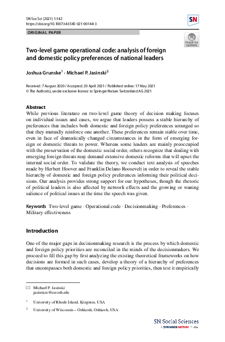 (PDF) Two-level game operational code: analysis of foreign and domestic ...