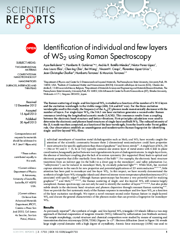 (PDF) Identification of individual and few layers of WS2 using Raman ...