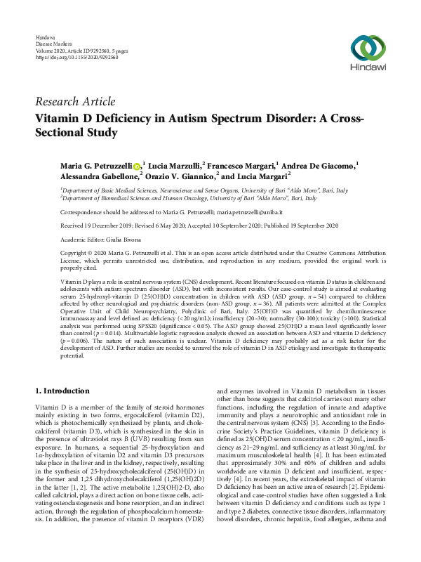 (PDF) Vitamin D Deficiency in Autism Spectrum Disorder: A Cross ...