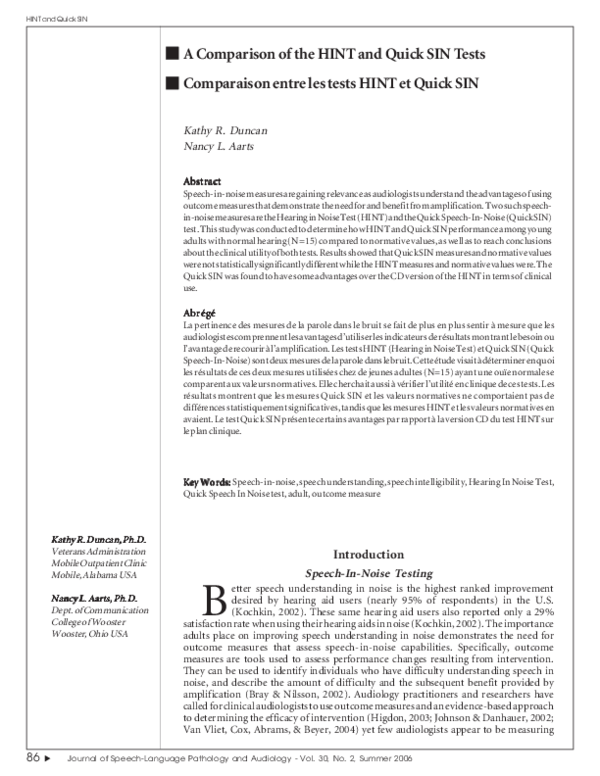 (PDF) • A Comparison of the HINT and Quick SIN Tests • Comparaison ...