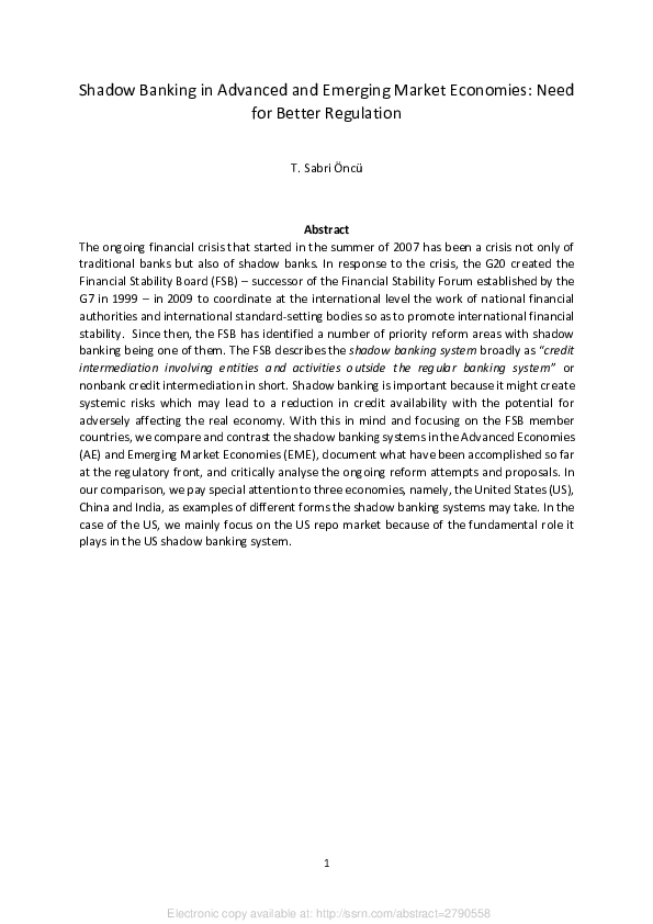 (PDF) Shadow Banking in Advanced and Emerging Market Economies: Need ...
