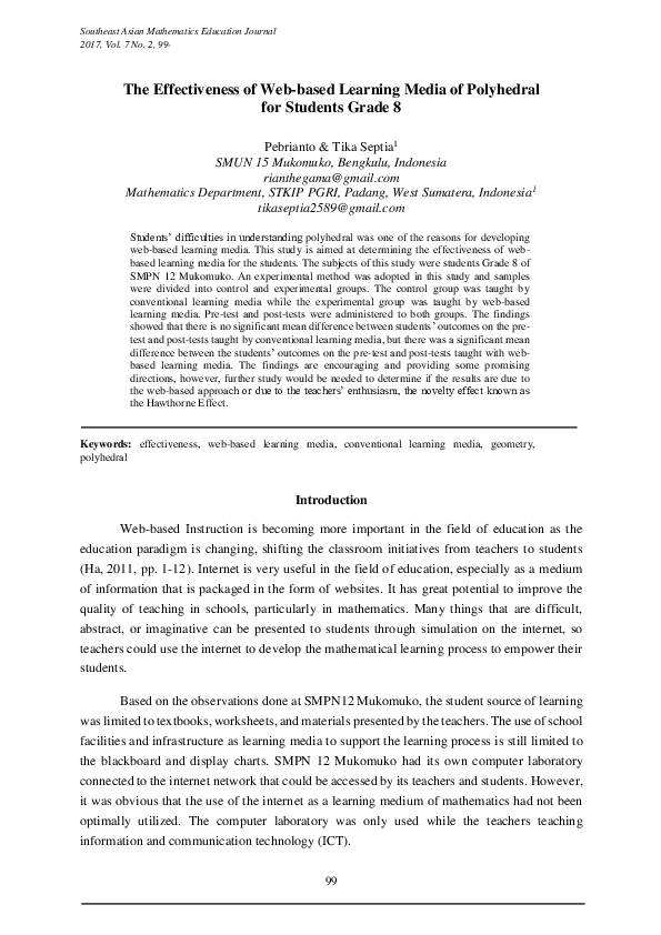 (PDF) The Effectiveness of Web-based Learning Media of Polyhedral for Students Grade 8