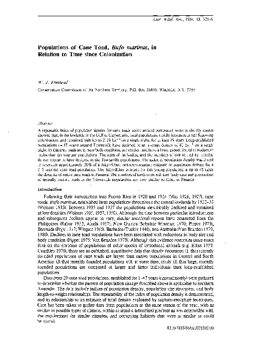(PDF) Populations of Cane Toad, Bufo-Marinus, in Relation to Time Since ...