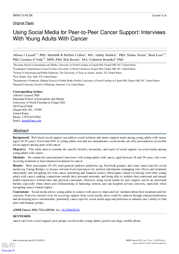 (PDF) Using Social Media for Peer-to-Peer Cancer Support: Interviews ...
