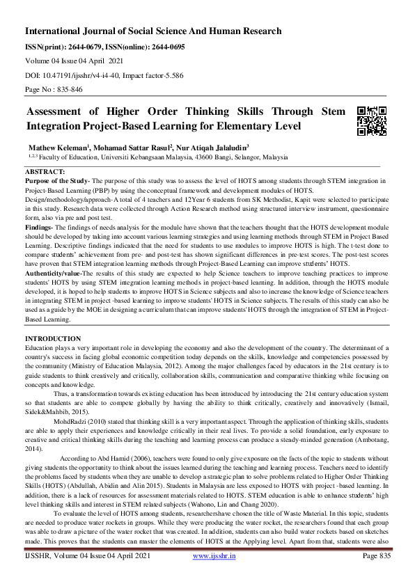 (PDF) Assessment of Higher Order Thinking Skills Through Stem Integration Project-Based Learning ...