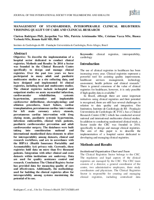 (PDF) Management of Standardised, Interoperable Clinical Registries: Visioning Quality of Care ...