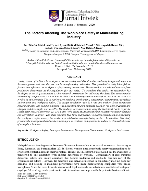 (PDF) The Factors Affecting The Workplace Safety in Manufacturing Industry