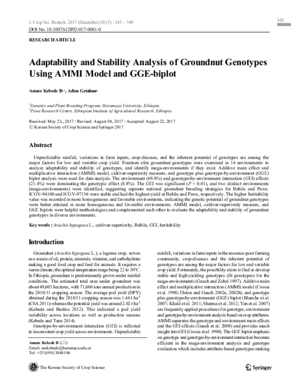 (PDF) Adaptability and stability analysis of groundnut genotypes using AMMI model and GGE-biplot