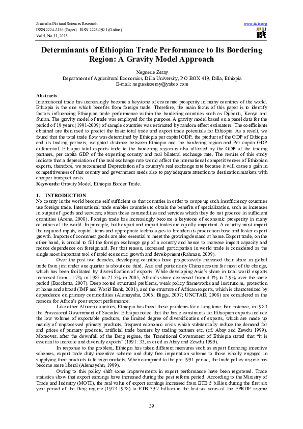 Pdf Determinants Of Ethiopian Trade Performance To Its Bordering Region A Gravity Model Approach