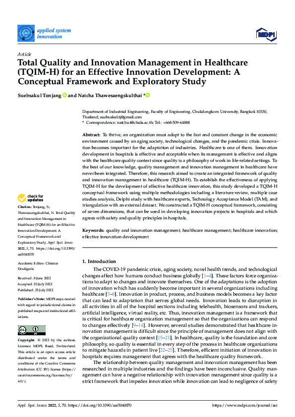 (PDF) Total Quality and Innovation Management in Healthcare (TQIM-H) for an Effective Innovation ...