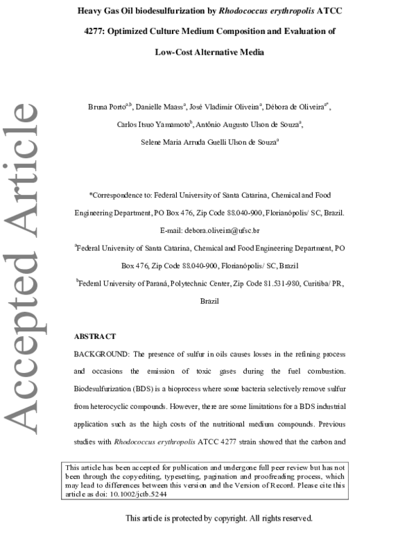 Heavy gas oil biodesulfurization by Rhodococcus erythropolis ATCC 4277: optimized culture medium ...