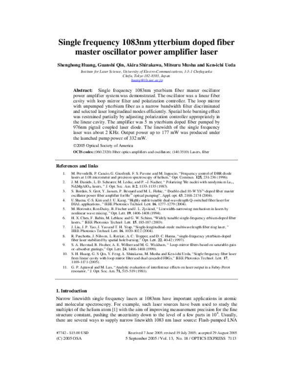 (PDF) Single frequency 1083nm ytterbium doped fiber master oscillator power amplifier laser ...