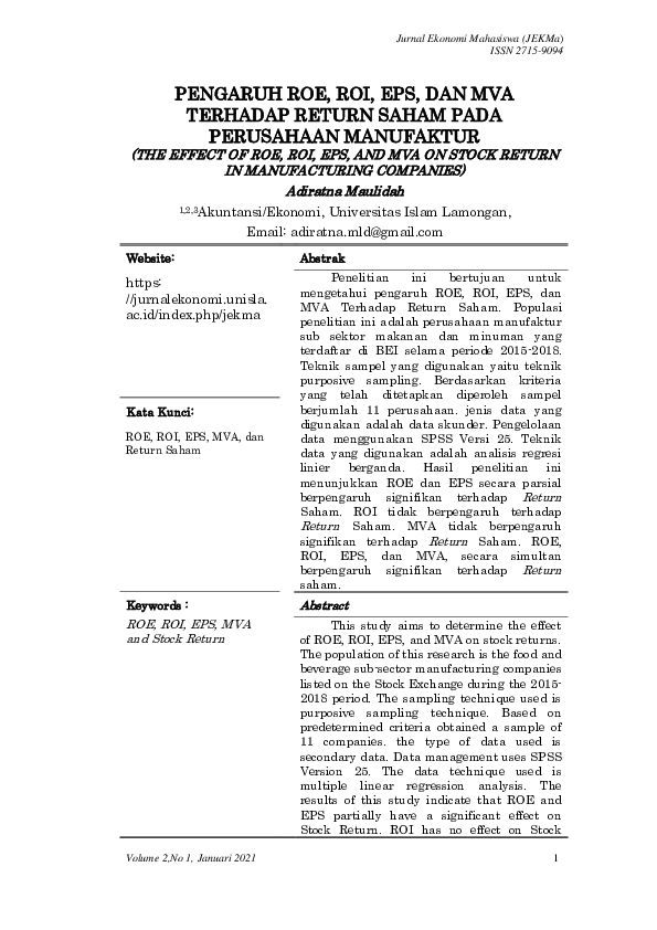 (PDF) Pengaruh Roe, Roi, Eps, Dan Mva Terhadap Return Saham Pada ...