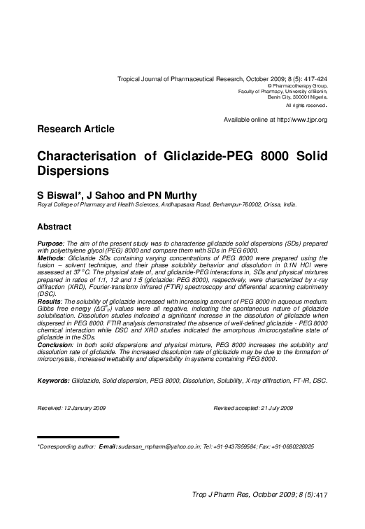 (PDF) Characterisation of Gliclazide-PEG 8000 Solid Dispersions
