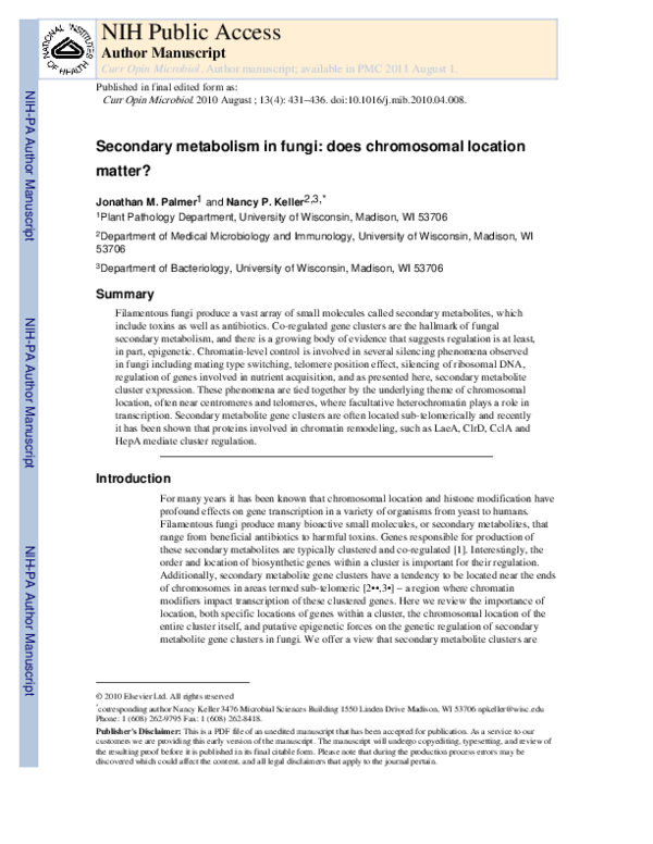 (PDF) Secondary metabolism in fungi: does chromosomal location matter ...