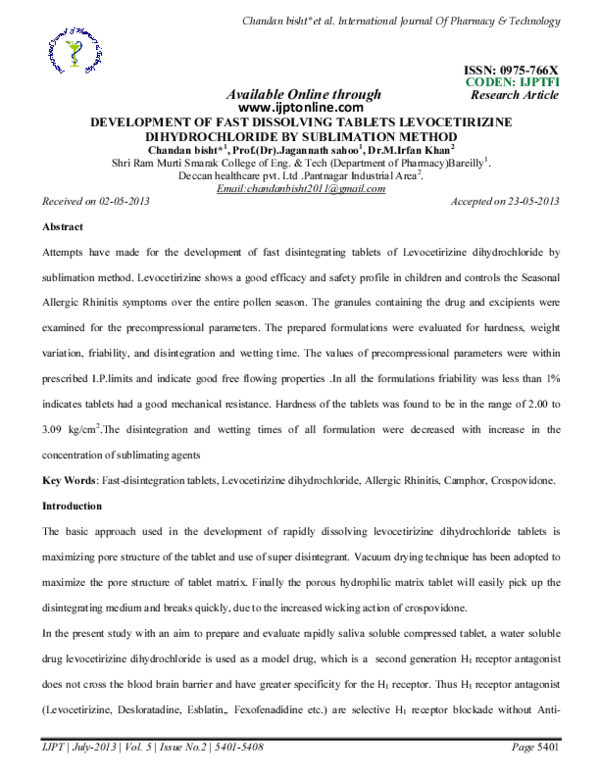 Pdf Development Of Fast Dissolving Tablets Levocetirizine Dihydrochloride By Sublimation