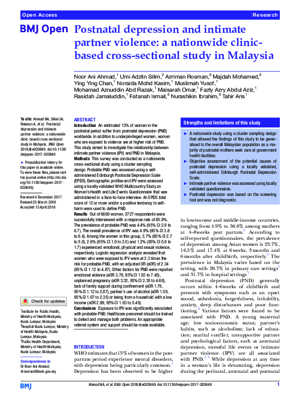 Pdf Postnatal Depression And Intimate Partner Violence A Nationwide
