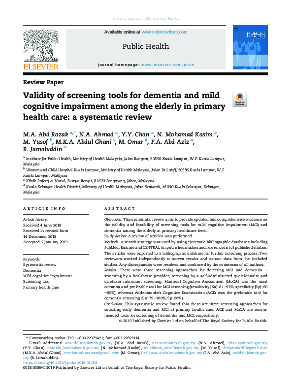 (PDF) Validity of screening tools for dementia and mild cognitive ...