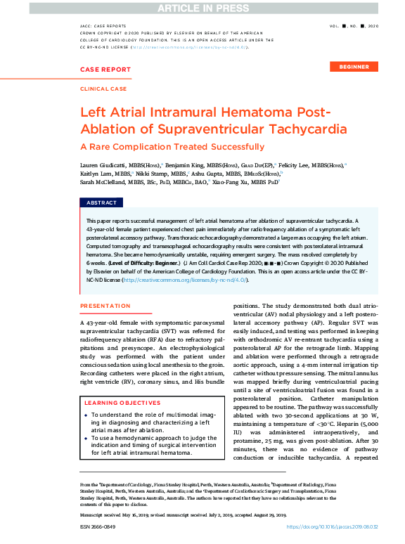 (PDF) Left Atrial Intramural Hematoma Post-Ablation of Supraventricular ...