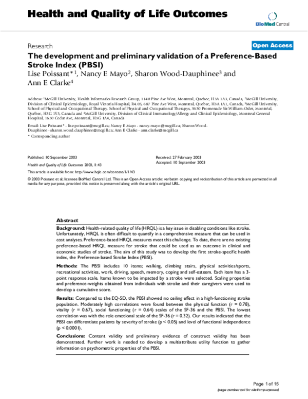 (PDF) The development and preliminary validation of a Preference-Based ...