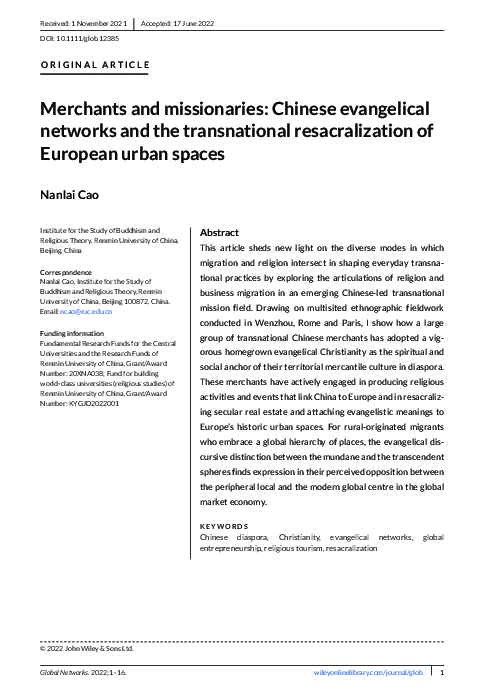 (PDF) Merchants and missionaries: Chinese evangelical networks and the ...