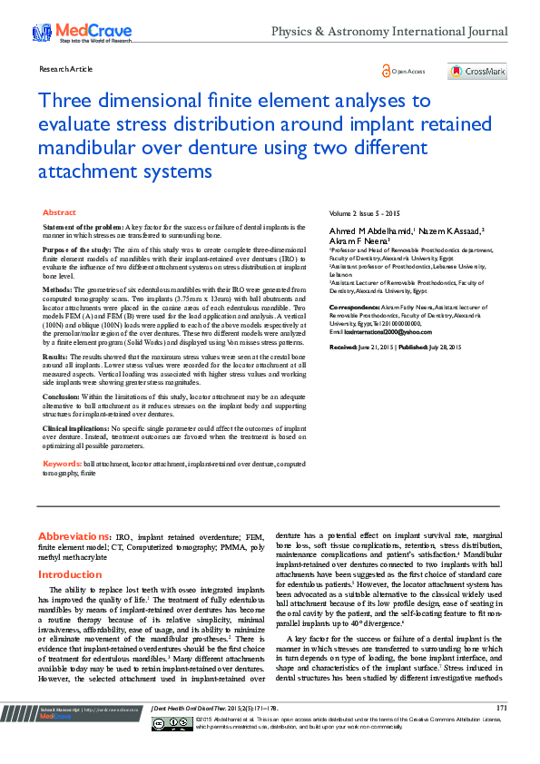Pdf Three Dimensional Finite Element Analysis To Evaluate Stress Distribution Around Implant